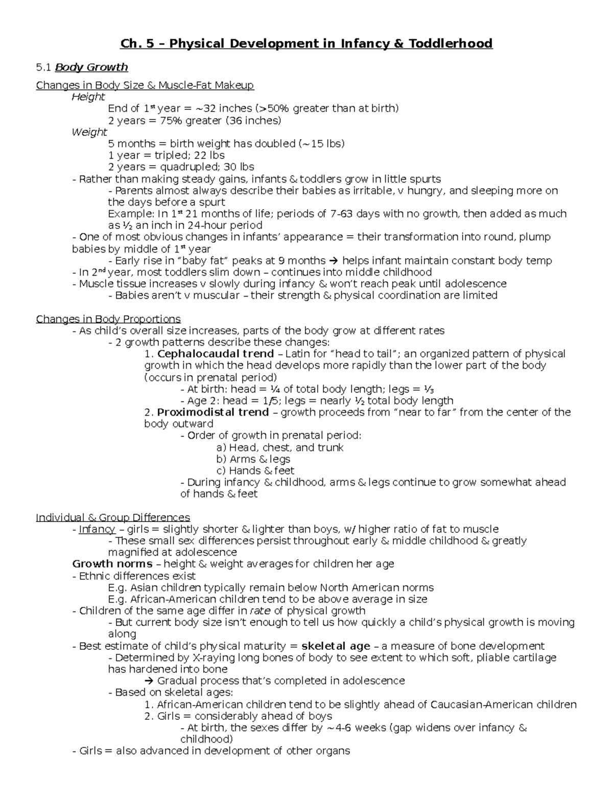 Ch. 5 Notes - Ch. 5 – Physical Development in Infancy & Toddlerhood 5 ...