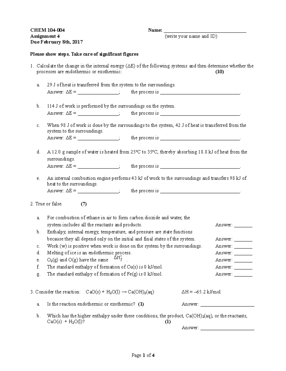 A4 - Assignment 4 for CHEM 104 - CHEM 104-004 Assignment 4 Due February ...