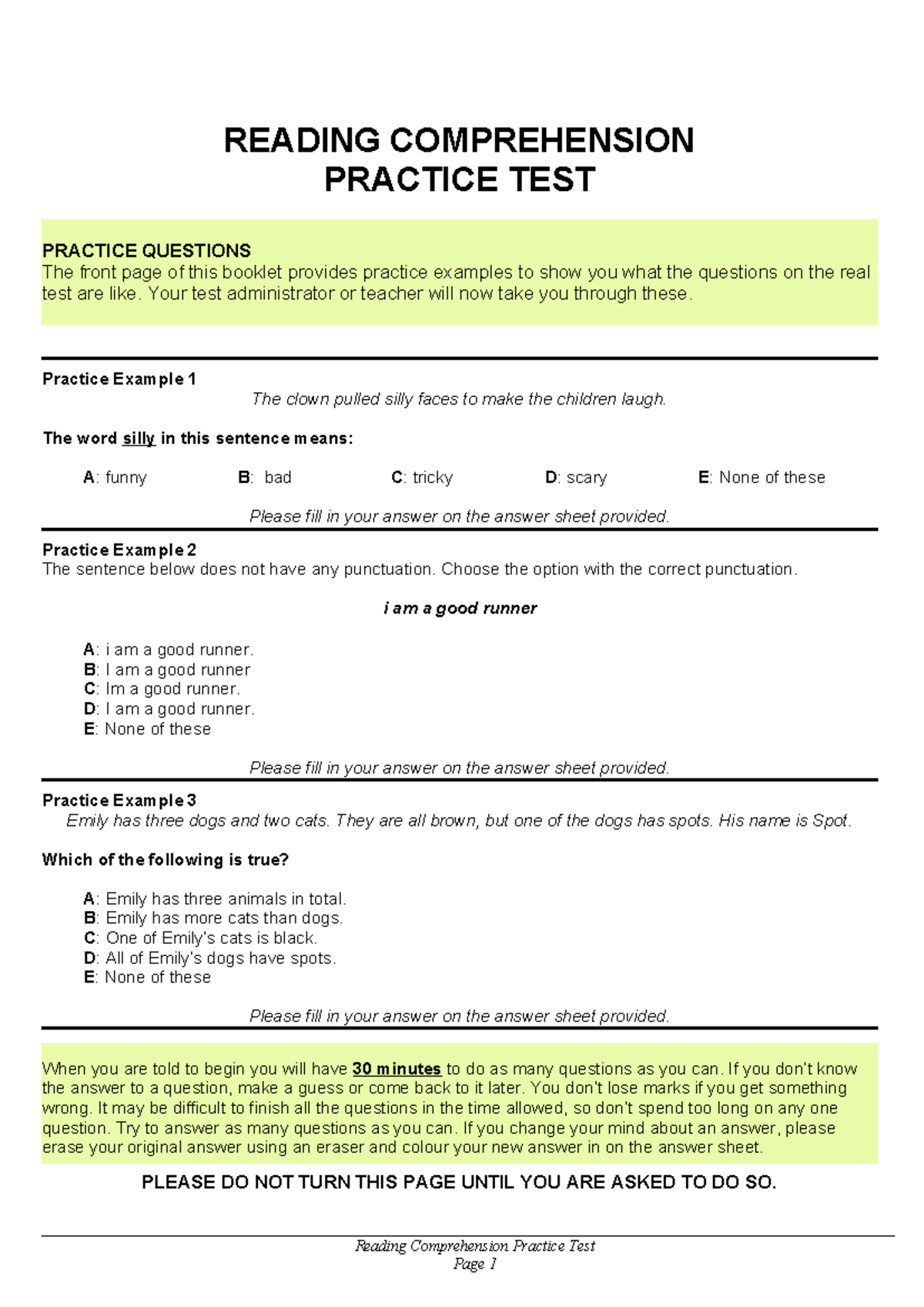 Readingcomprehensionpractice - READING COMPREHENSION PRACTICE TEST ...