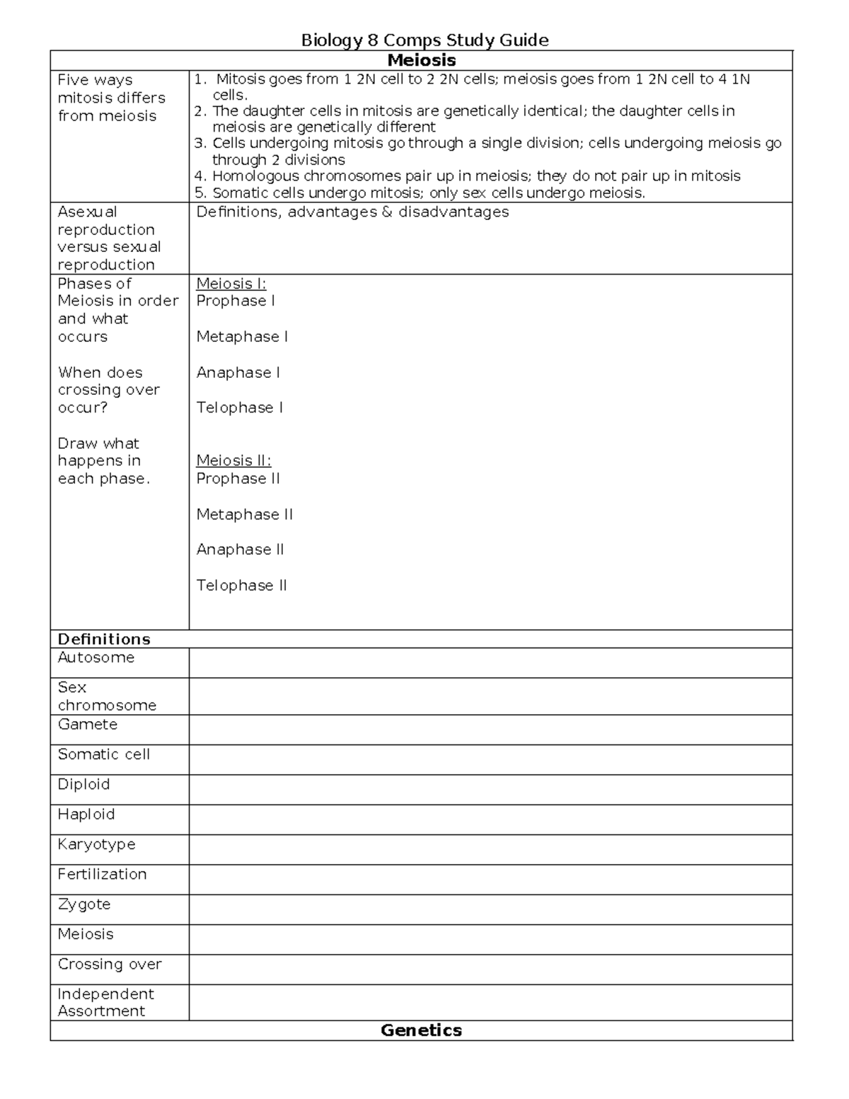 Biology Review Packet - Meiosis Five ways mitosis differs from meiosis ...