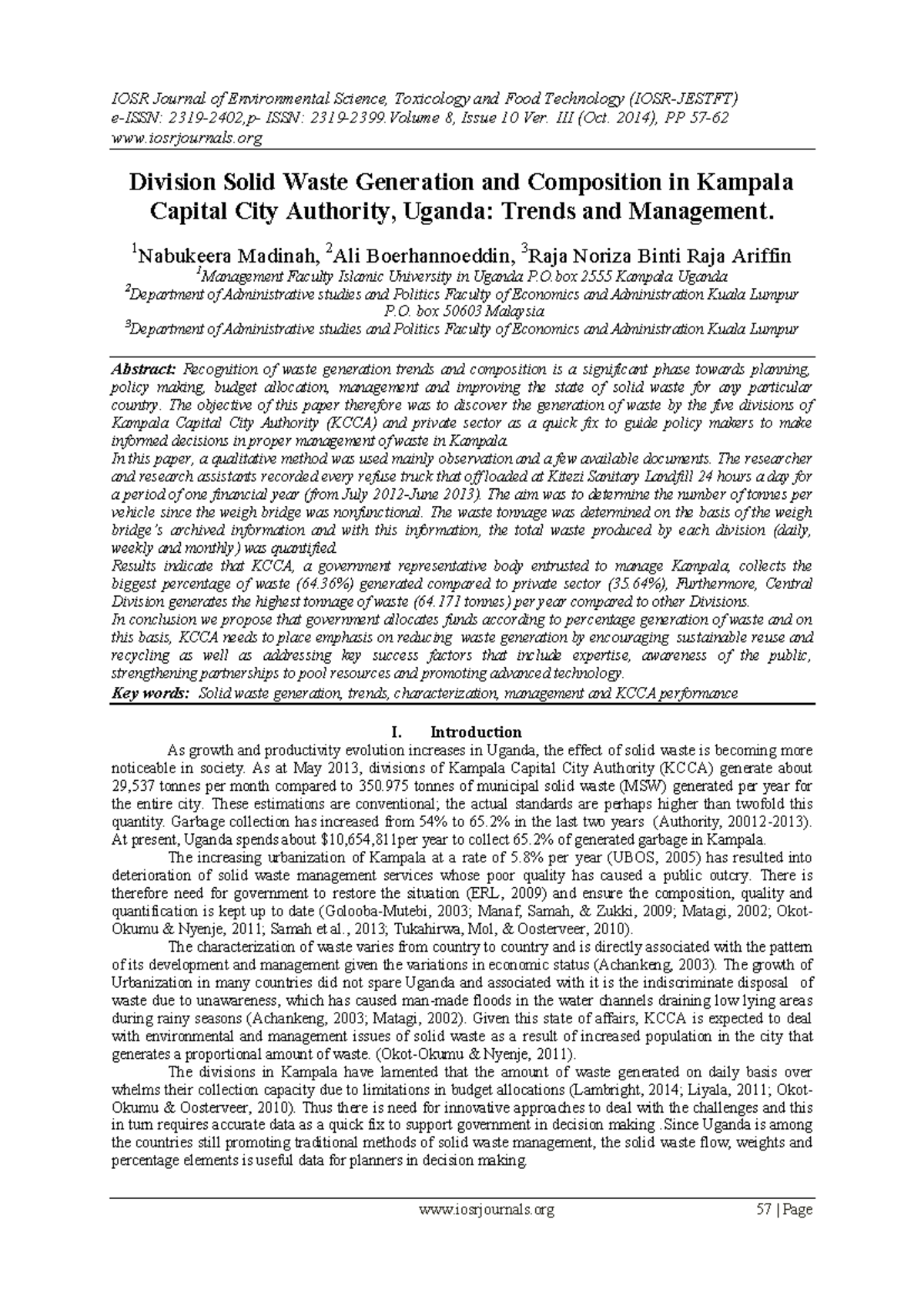 Division Solid Waste Generation and Composition in Kampala Capital City ...