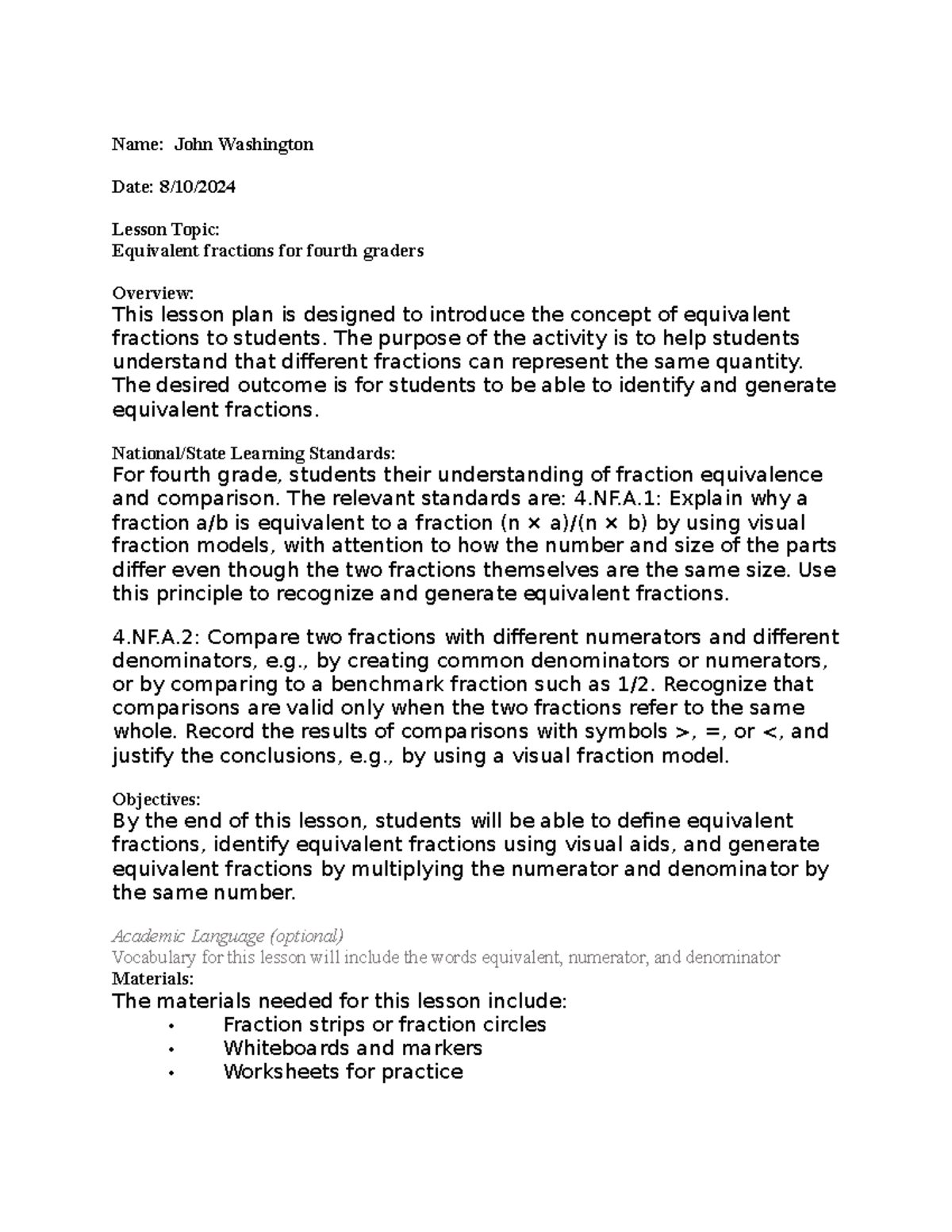 Lesson plan for equivalent fractions - Name: John Washington Date: 8/10 ...