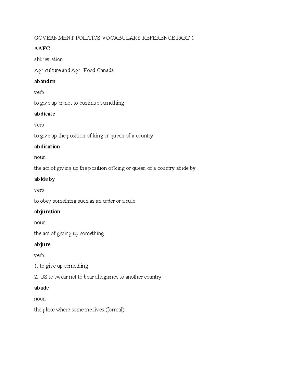 Government Politics Vocabulary PART 1 - GOVERNMENT POLITICS VOCABULARY ...