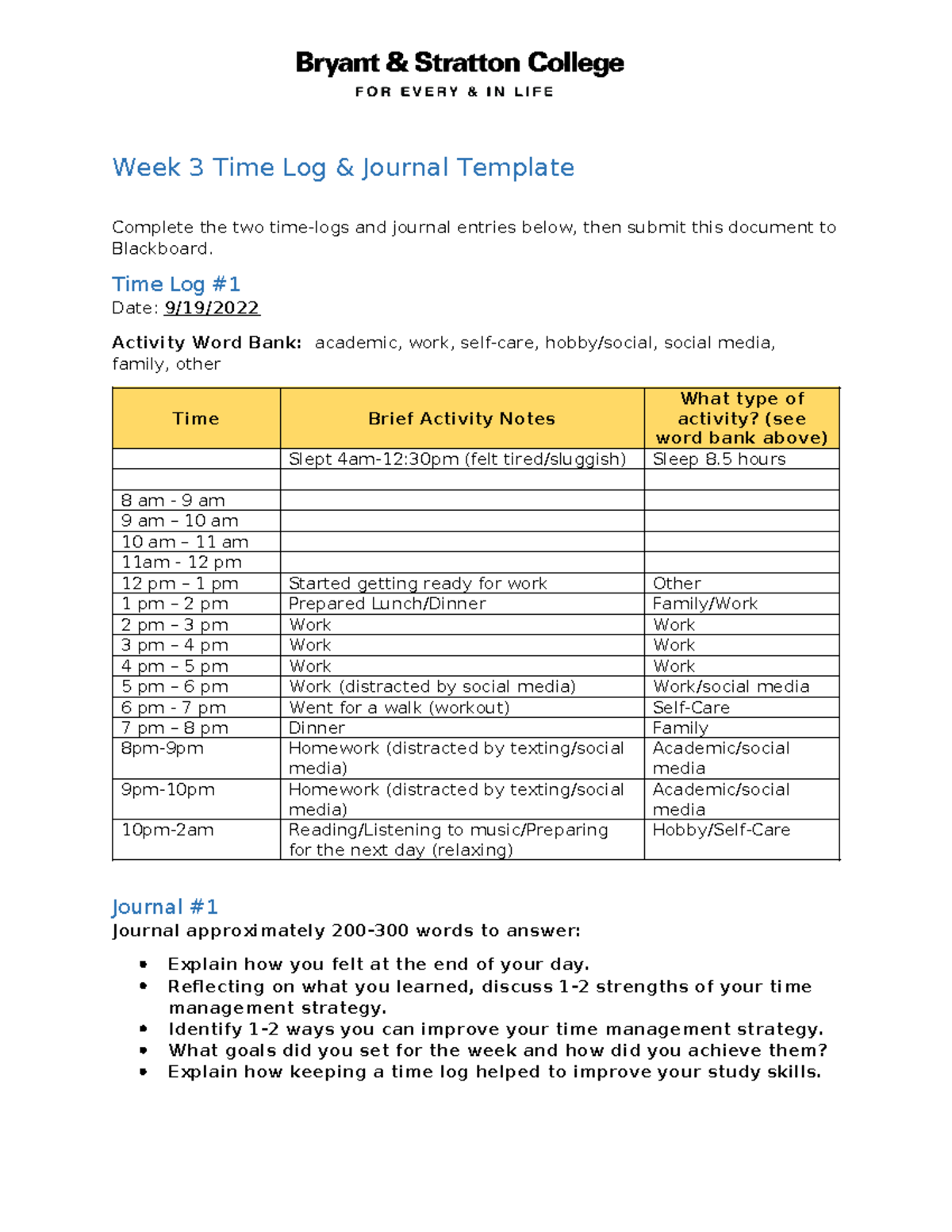COMM104 W3 Time Log Journal Template - Week 3 Time Log & Journal ...