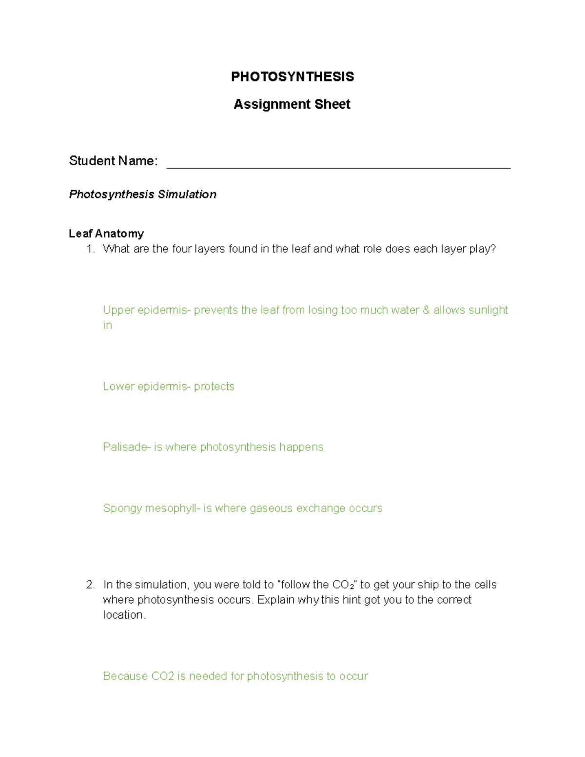 Photosynthesis Lab Assignment - PHOTOSYNTHESIS Assignment Sheet Student ...