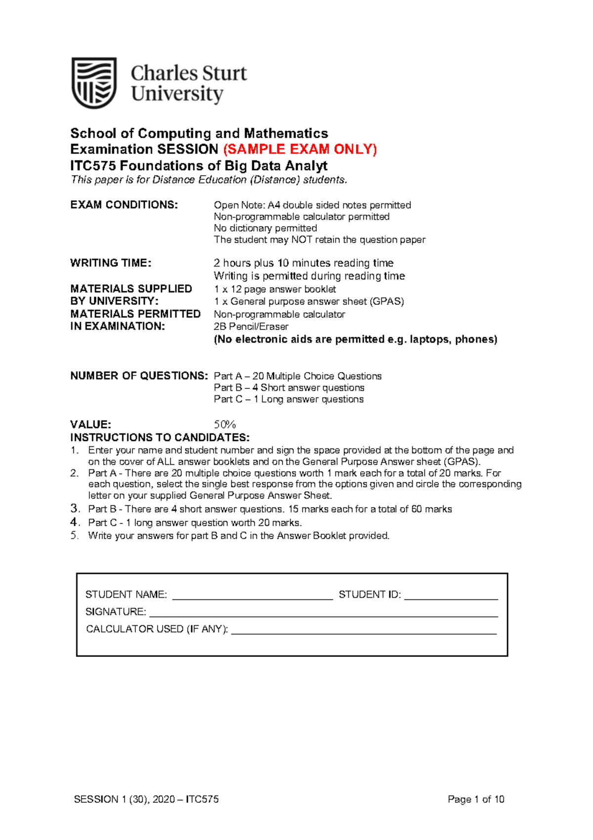 Sample exam and solution - School of Computing and Mathematics ...