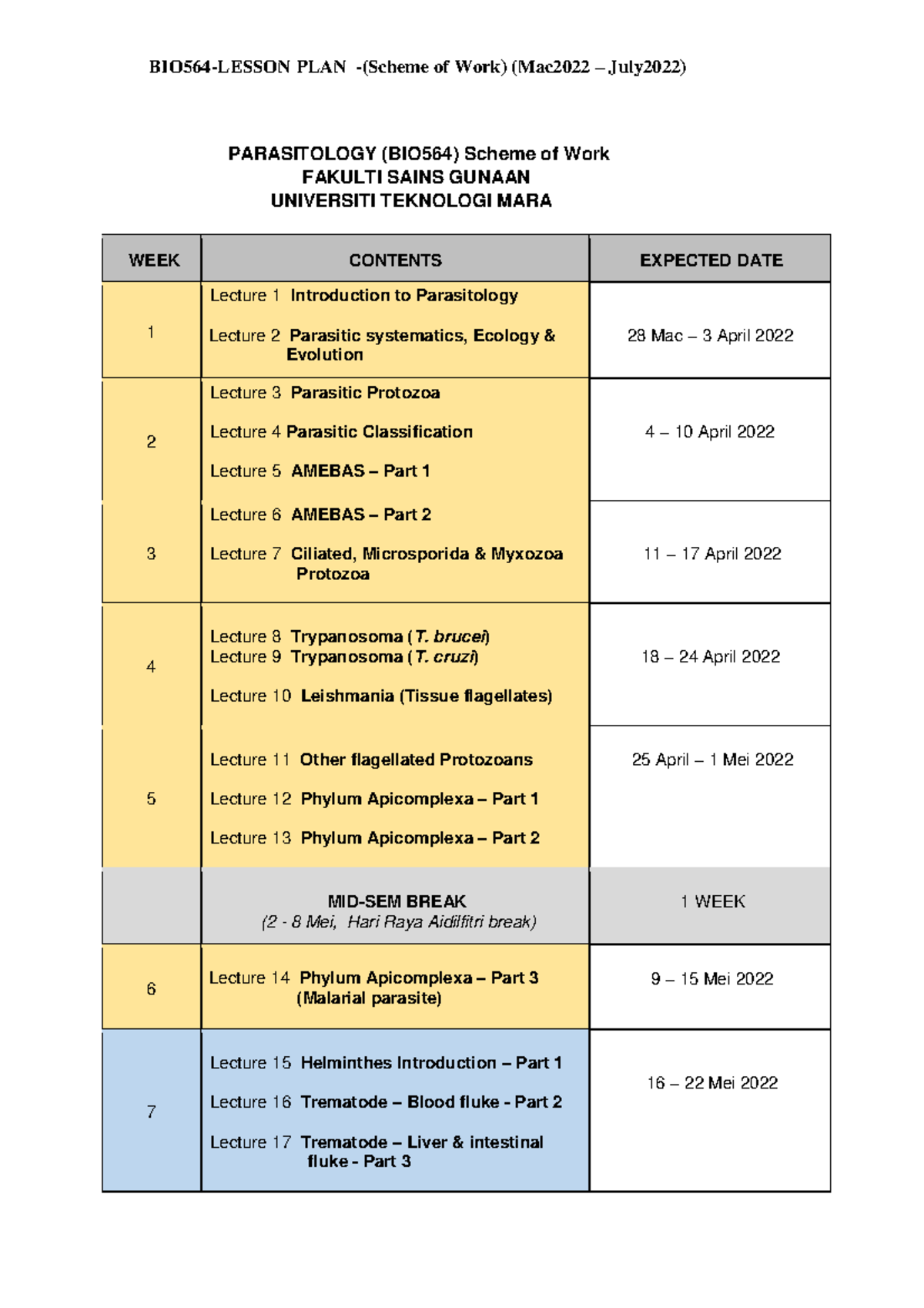 BIO564- Lesson PLAN - Scheme of Work (MAC -JULY 2022) - BIO564-LESSON PLAN -(Scheme of Work ...