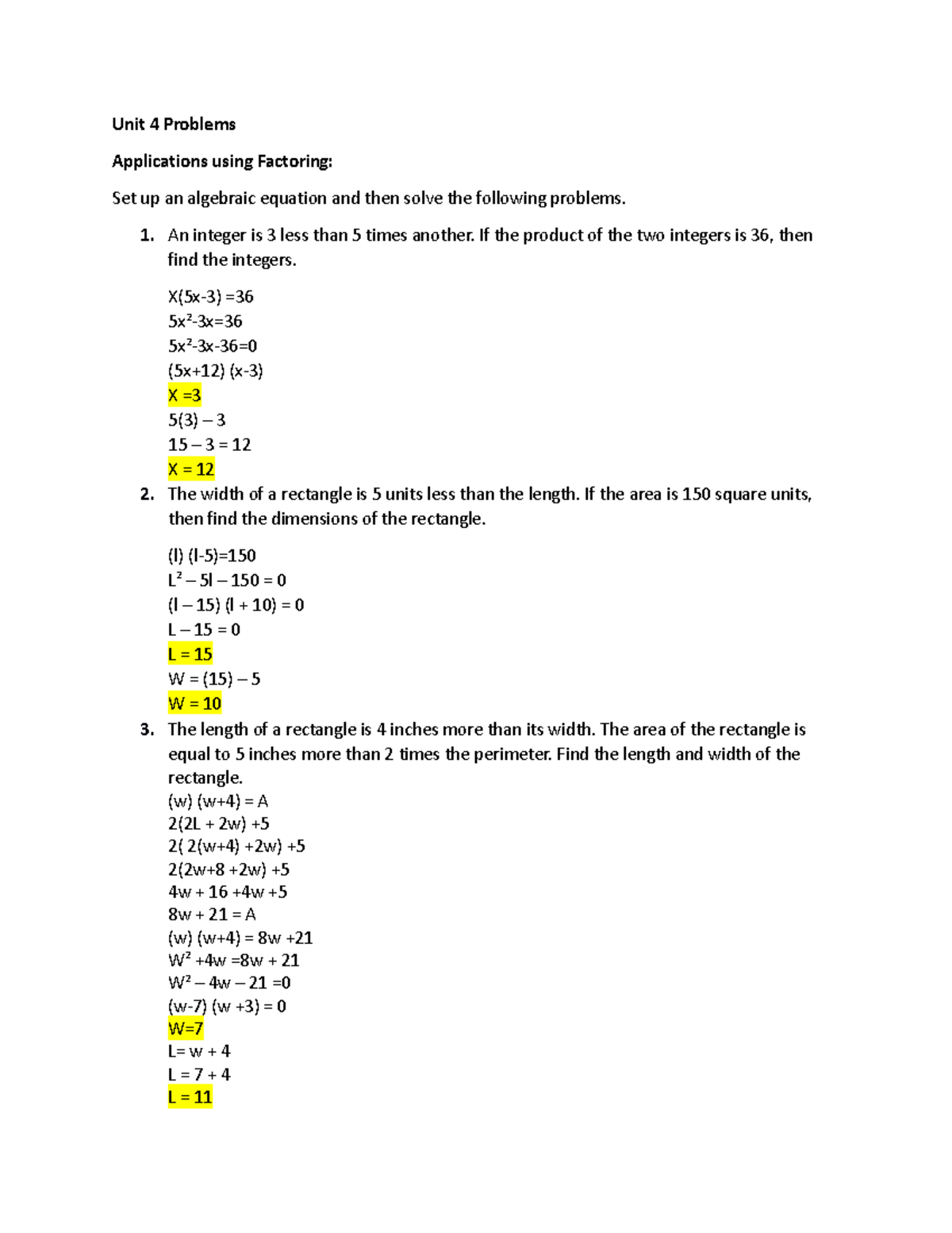 Anon Ma109 Unit 4 Math Assignment Unit 4 Problems Applications Using Factoring Set Up An