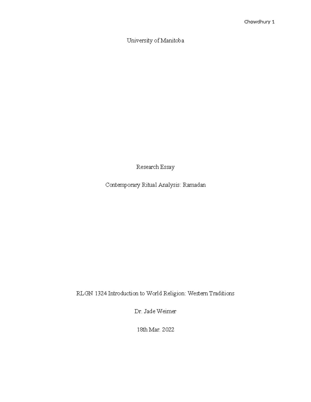 Ritual Analysis on Ramadan - University of Manitoba Research Essay Contemporary Ritual Analysis ...