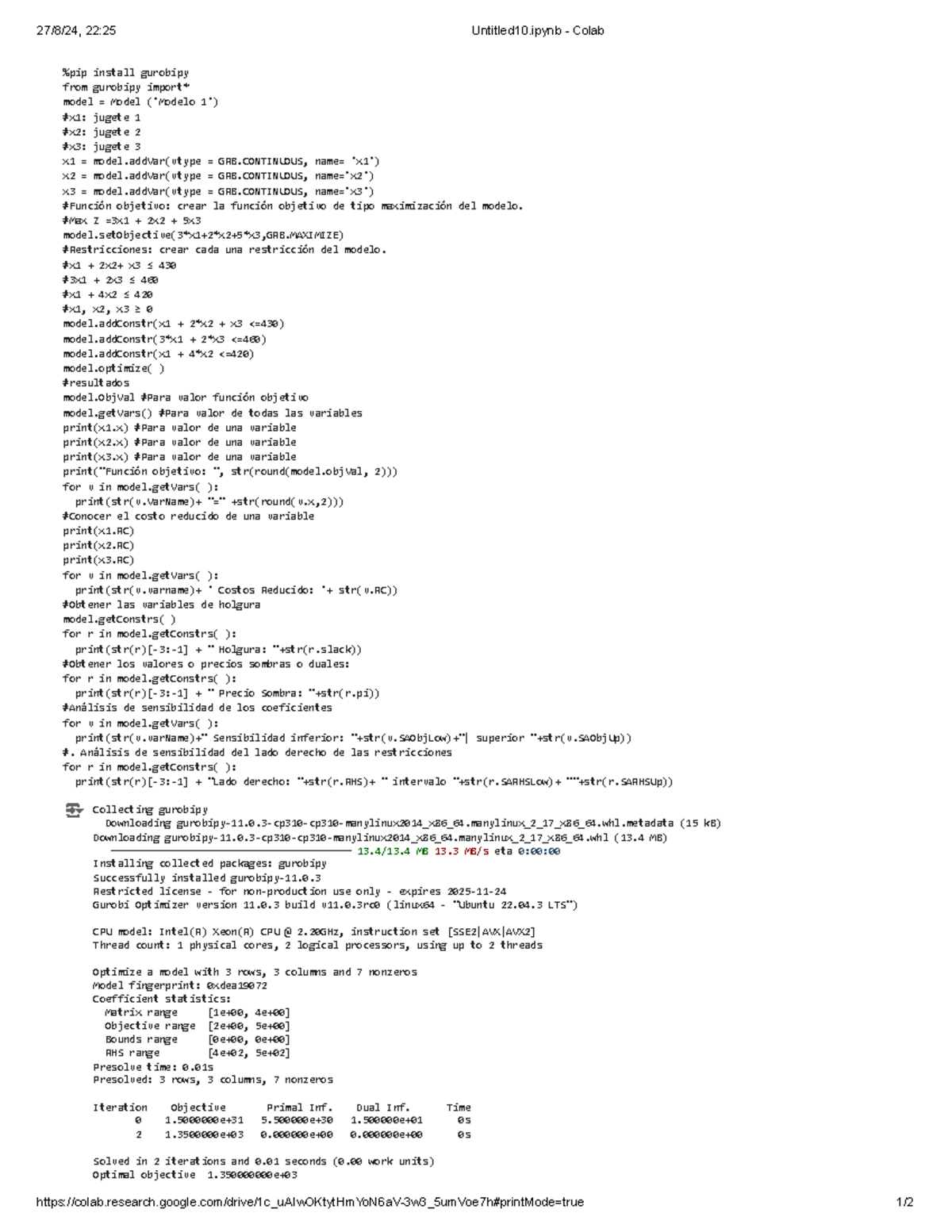 Untitled 10.ipynb - Colab - %pip install gurobipy from gurobipy import ...