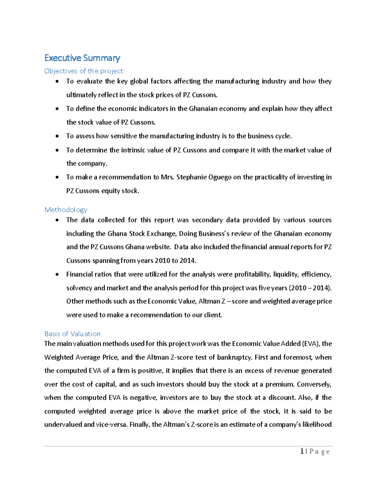 Investment Group Project - Executive Summary Objectives of the project ...