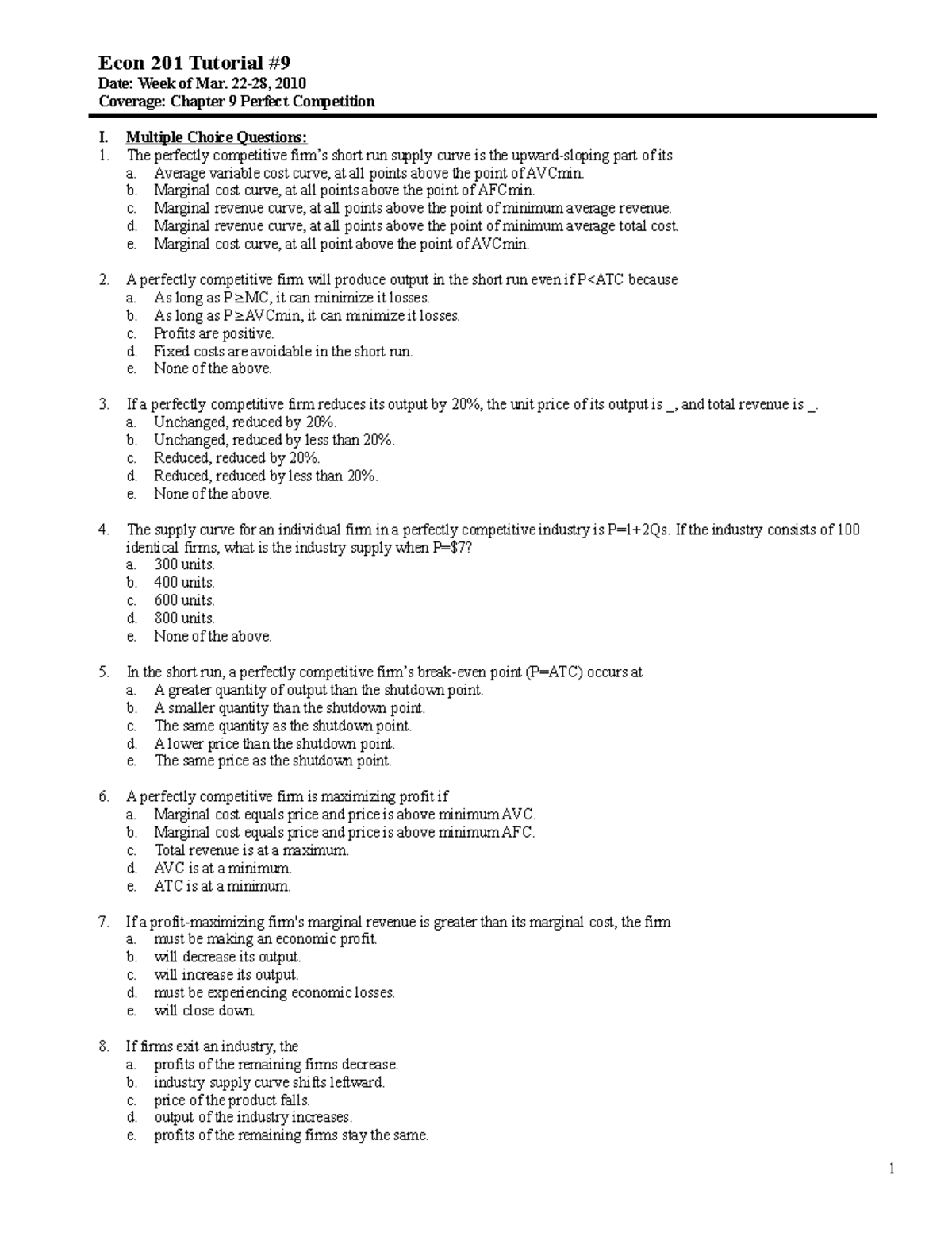 201-tutorial-9 questions to student for examination preparation - Econ 201 Tutorial Date: Week ...
