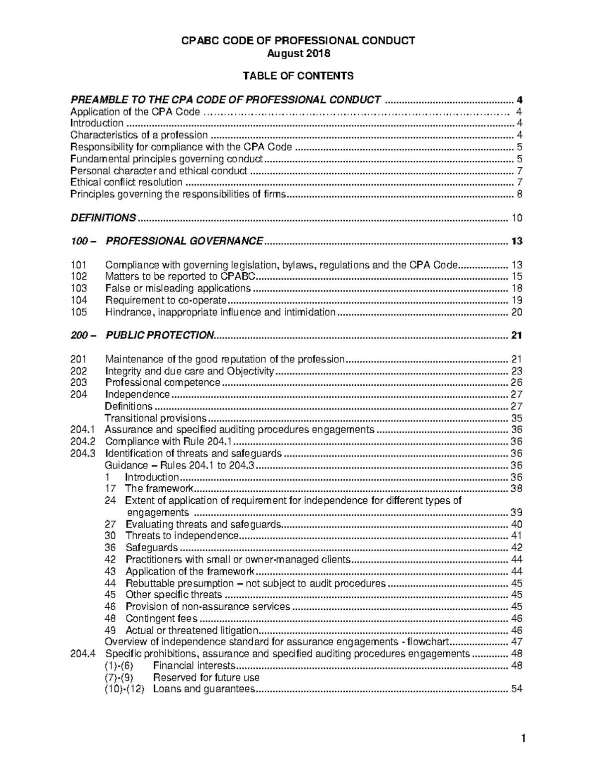 04 Cpabc-Code-of-Professional-Conduct August 2018 - TABLE OF CONTENTS ...