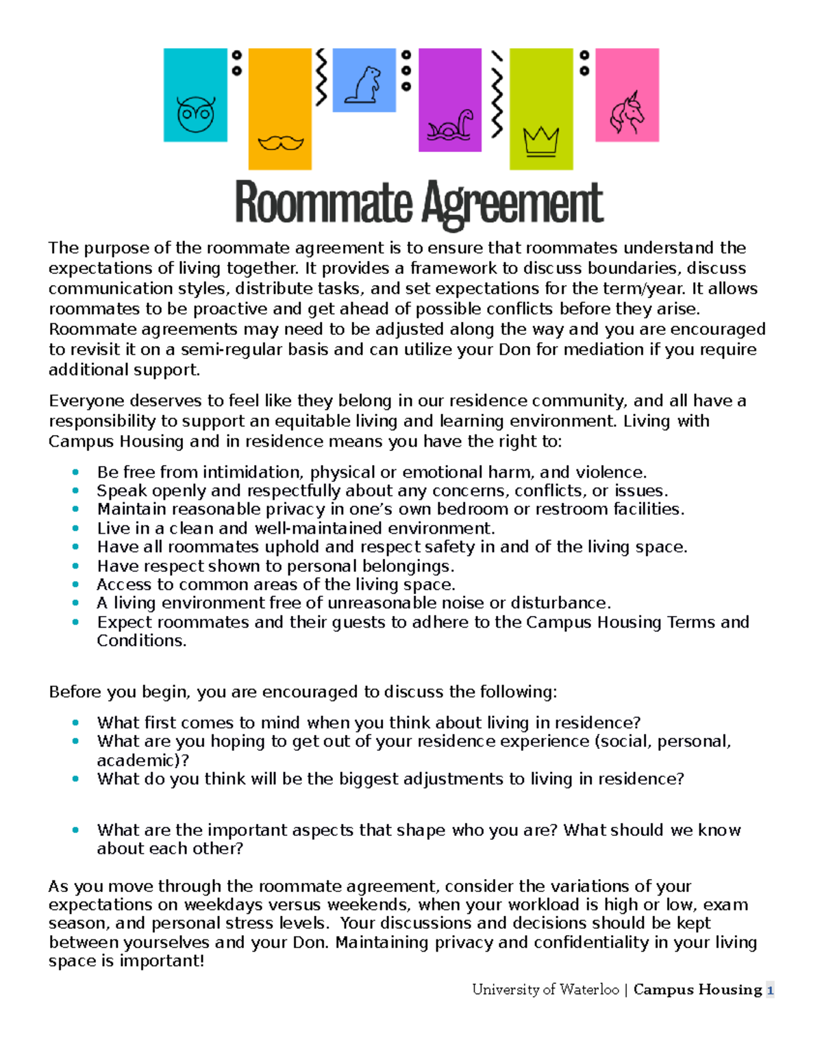 Eby Hall Roomate Agreement Forms - The purpose of the roommate ...