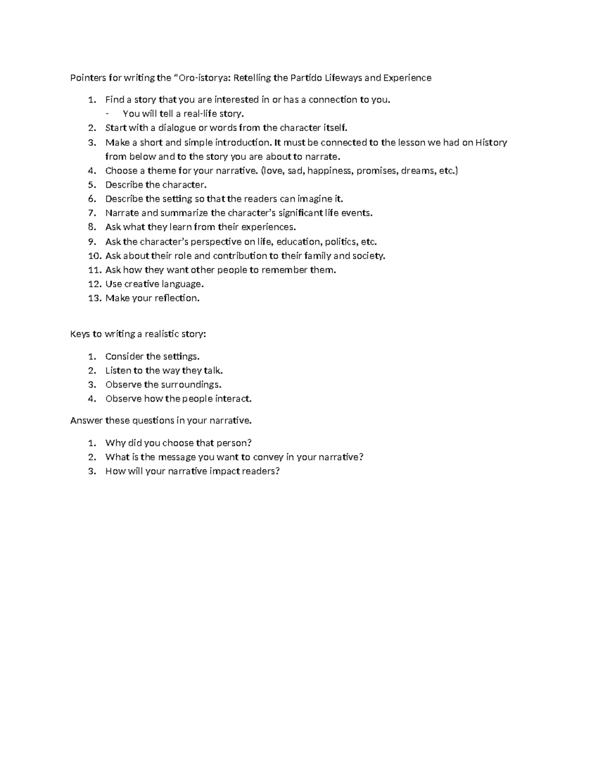 Pointers for writing the oro istorya - Pointers for writing the “Oro ...