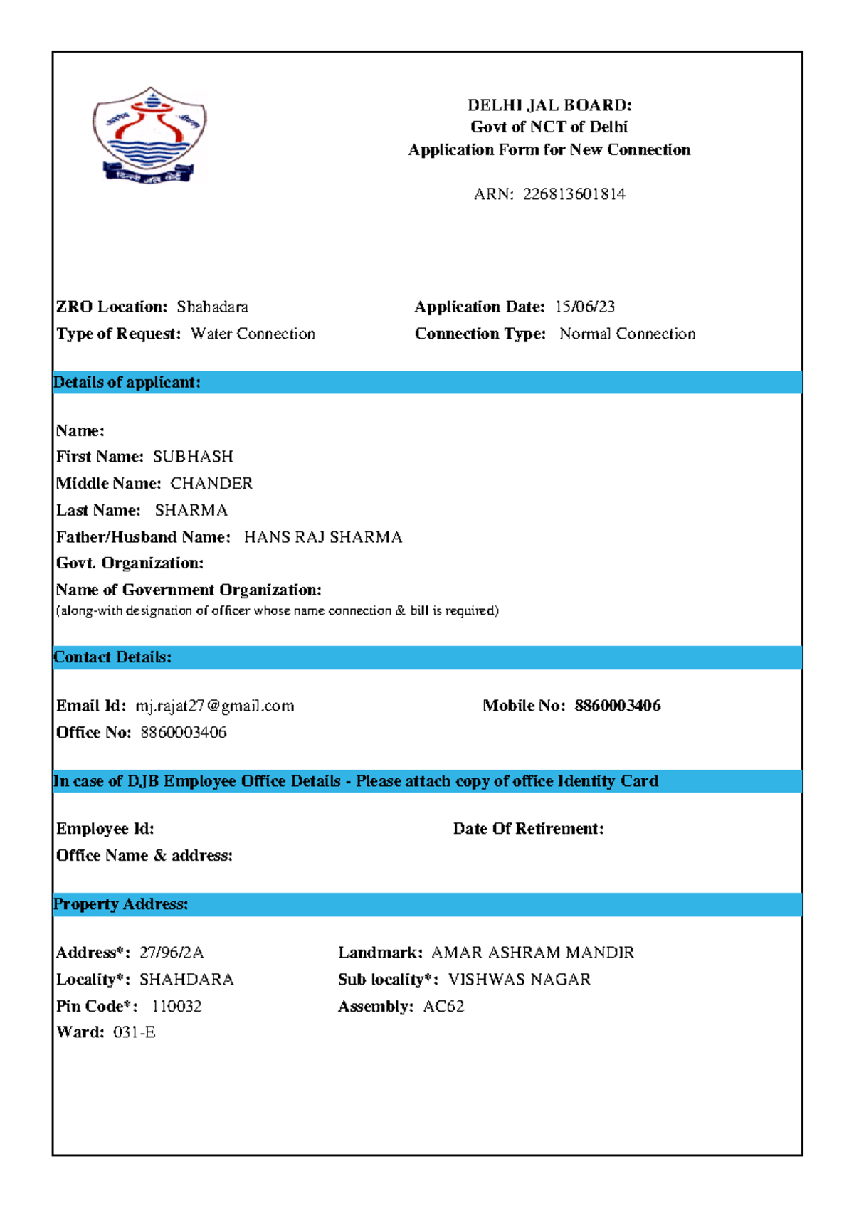 New Connection - hey hey - DELHI JAL BOARD: Govt of NCT of Delhi ...