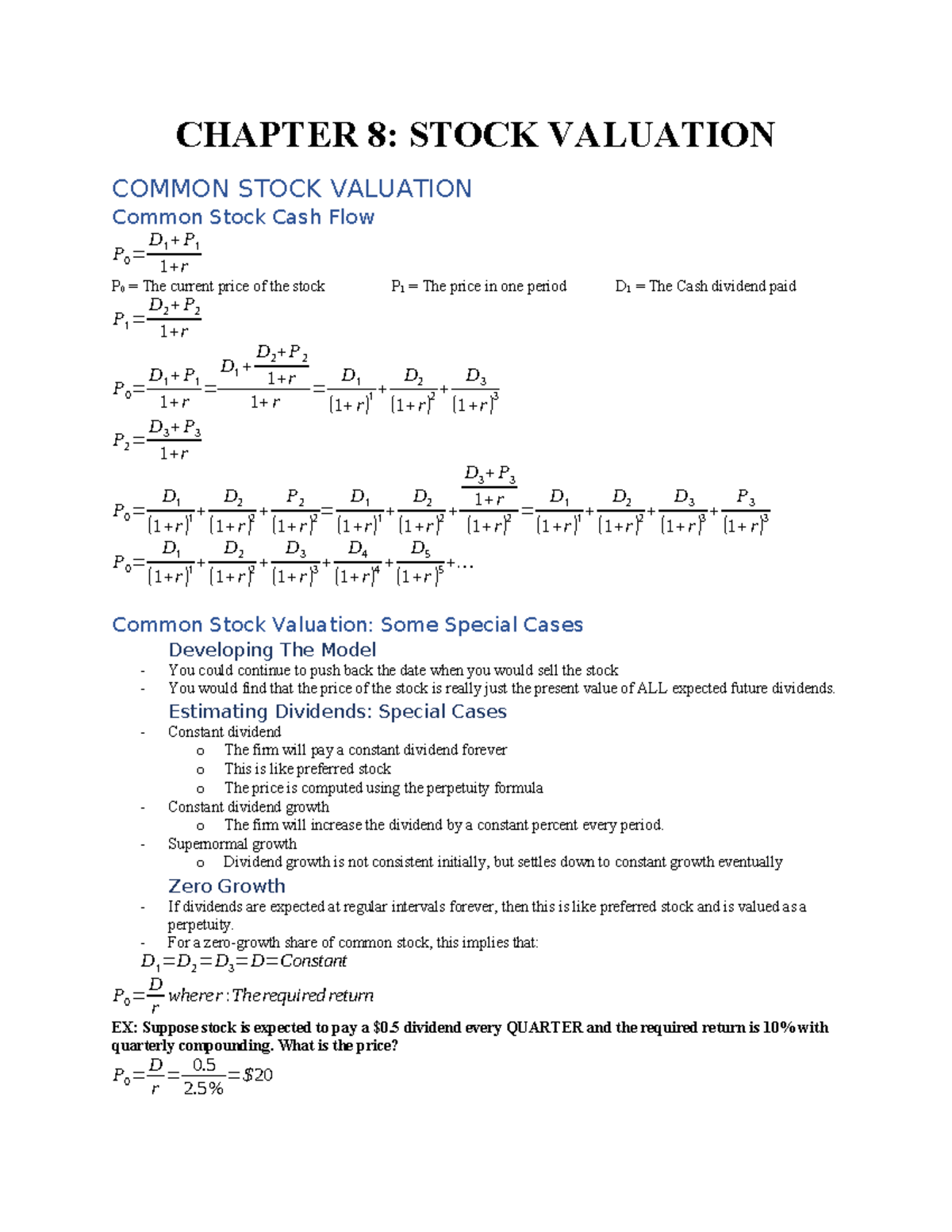 Chapter 8 - Finance - CHAPTER 8: STOCK VALUATION COMMON STOCK VALUATION Common Stock Cash Flow P ...