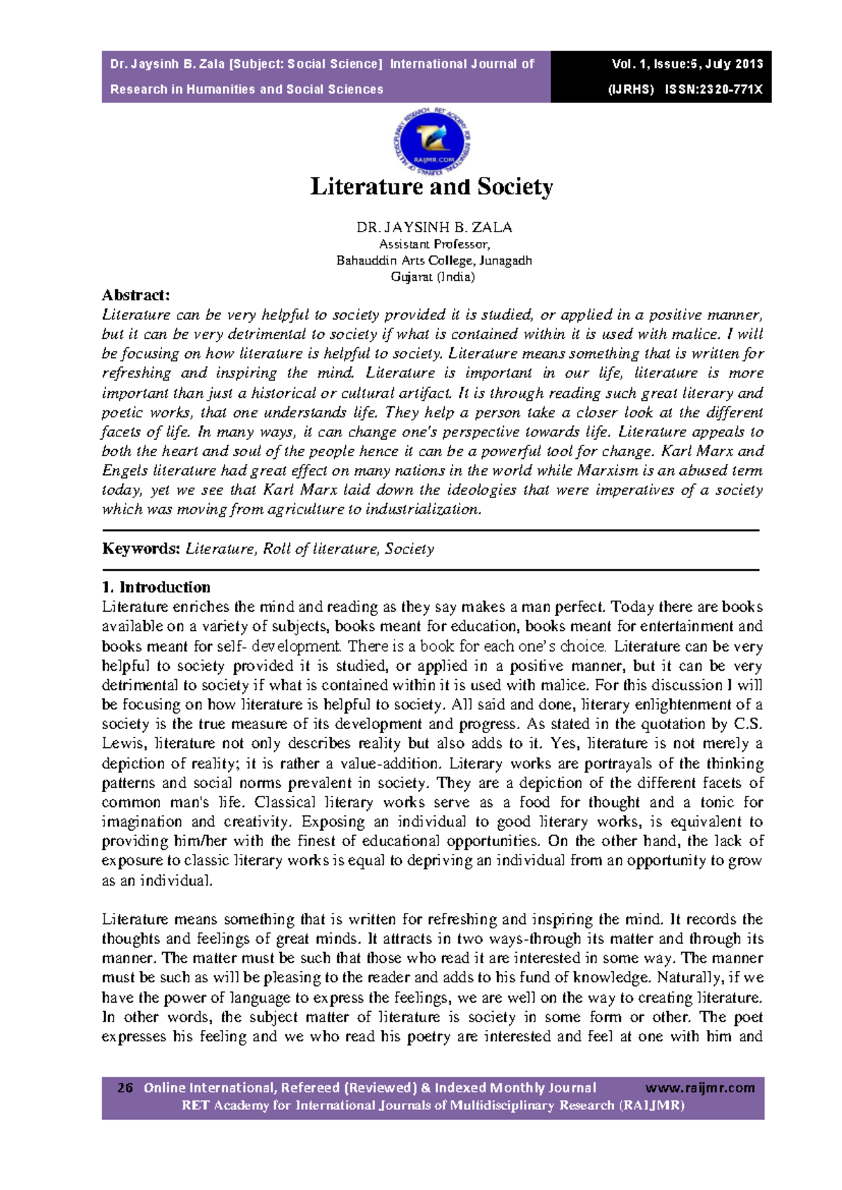 Reading 1B Role of Literature in Society - Research in Humanities and ...