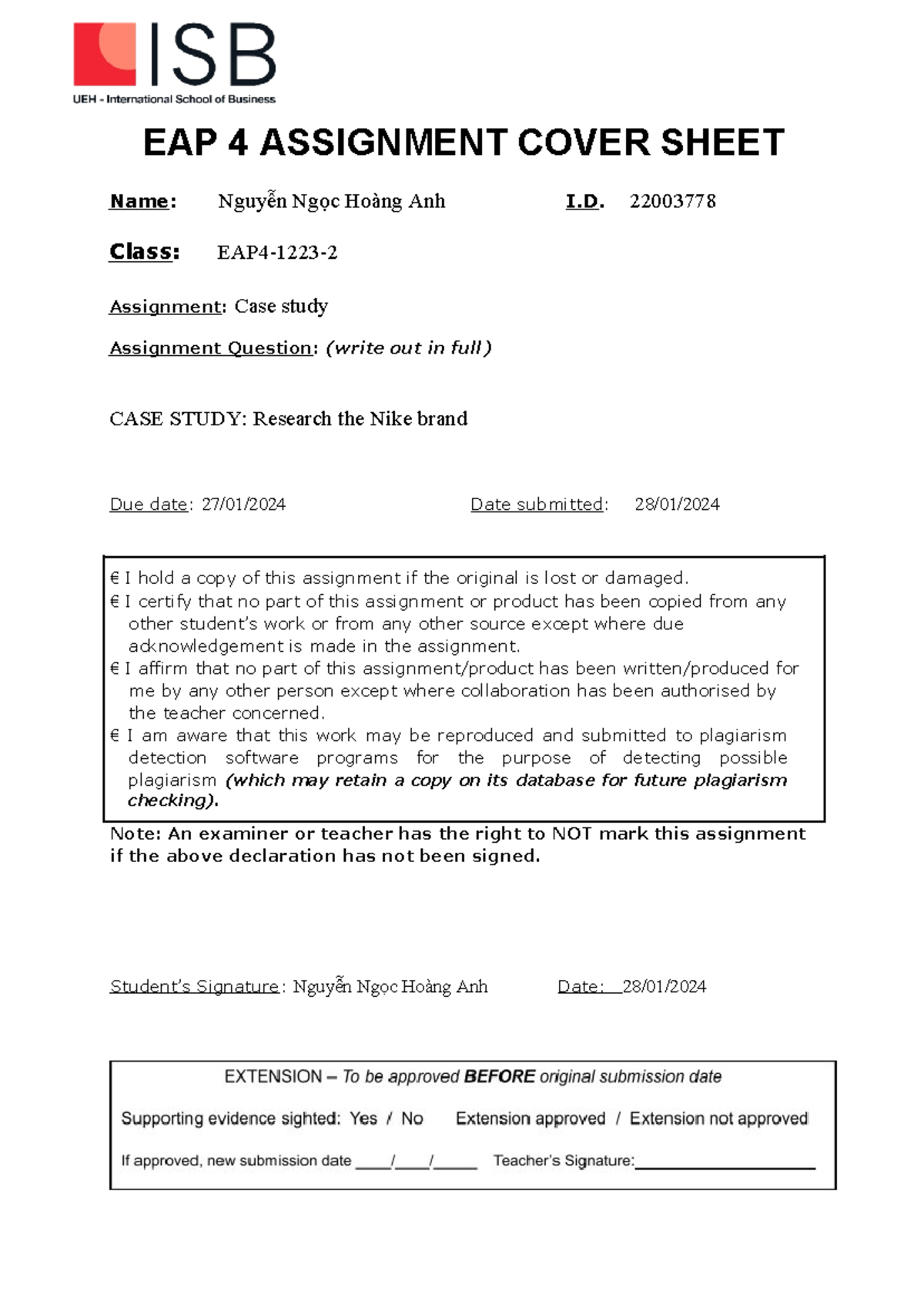 EAP4- Hoang ANH-22003 778-CASE Study - EAP 4 ASSIGNMENT COVER SHEET ...