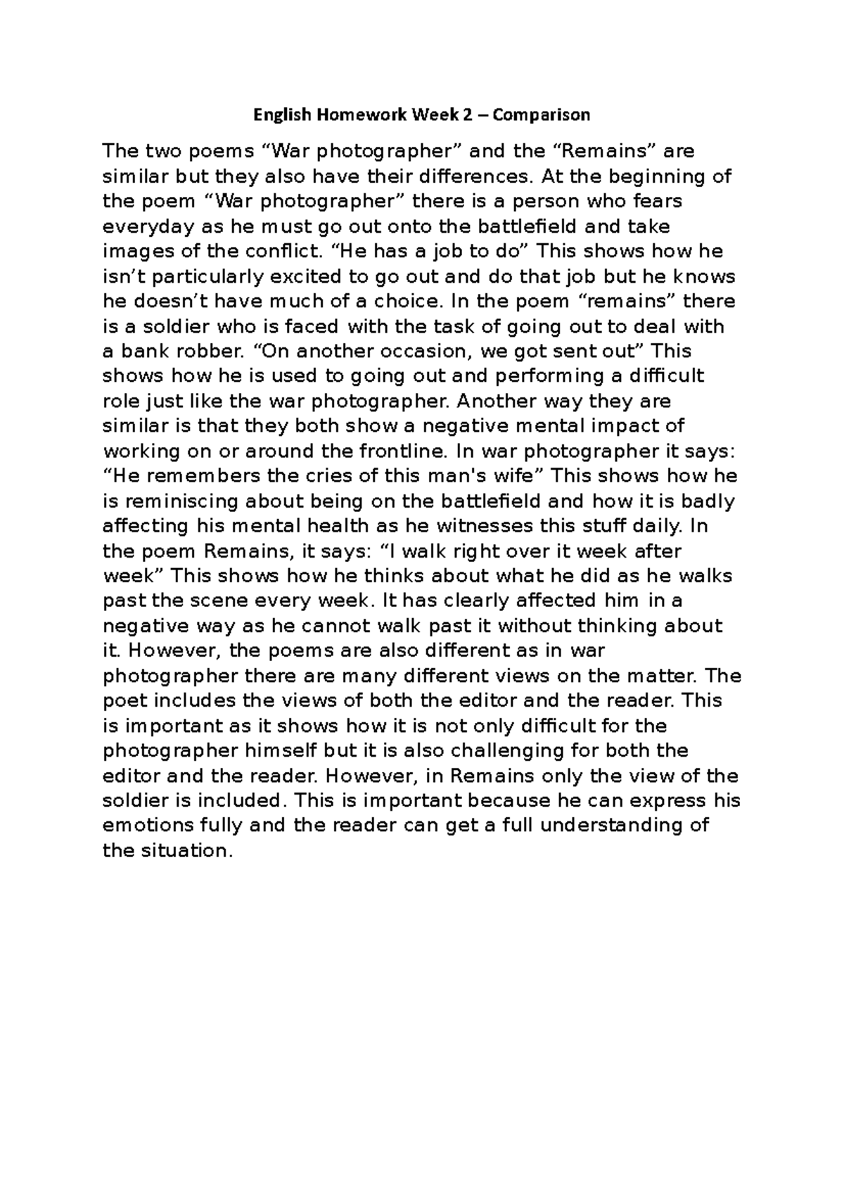 Comparison - English Homework Week 2 – Comparison The two poems “War ...