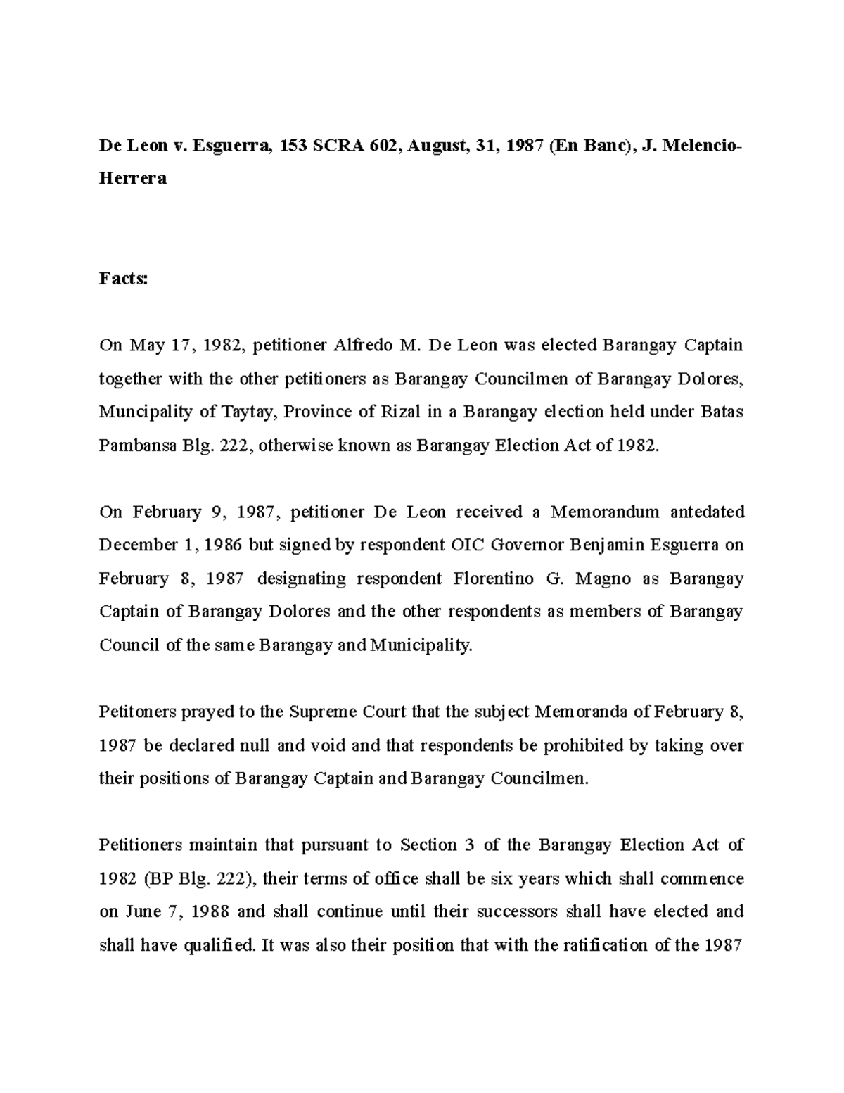 Consti CASE Digests - san beda notes - De Leon v. Esguerra, 153 SCRA ...