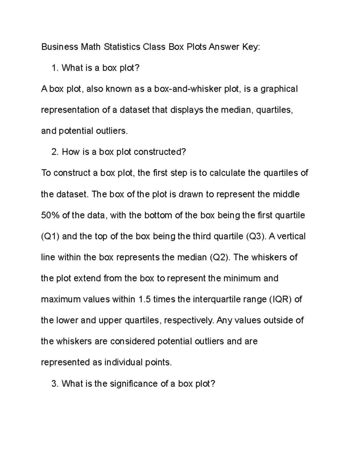 Business Math Statistics Class Box Plots Answer Key - What is a box ...