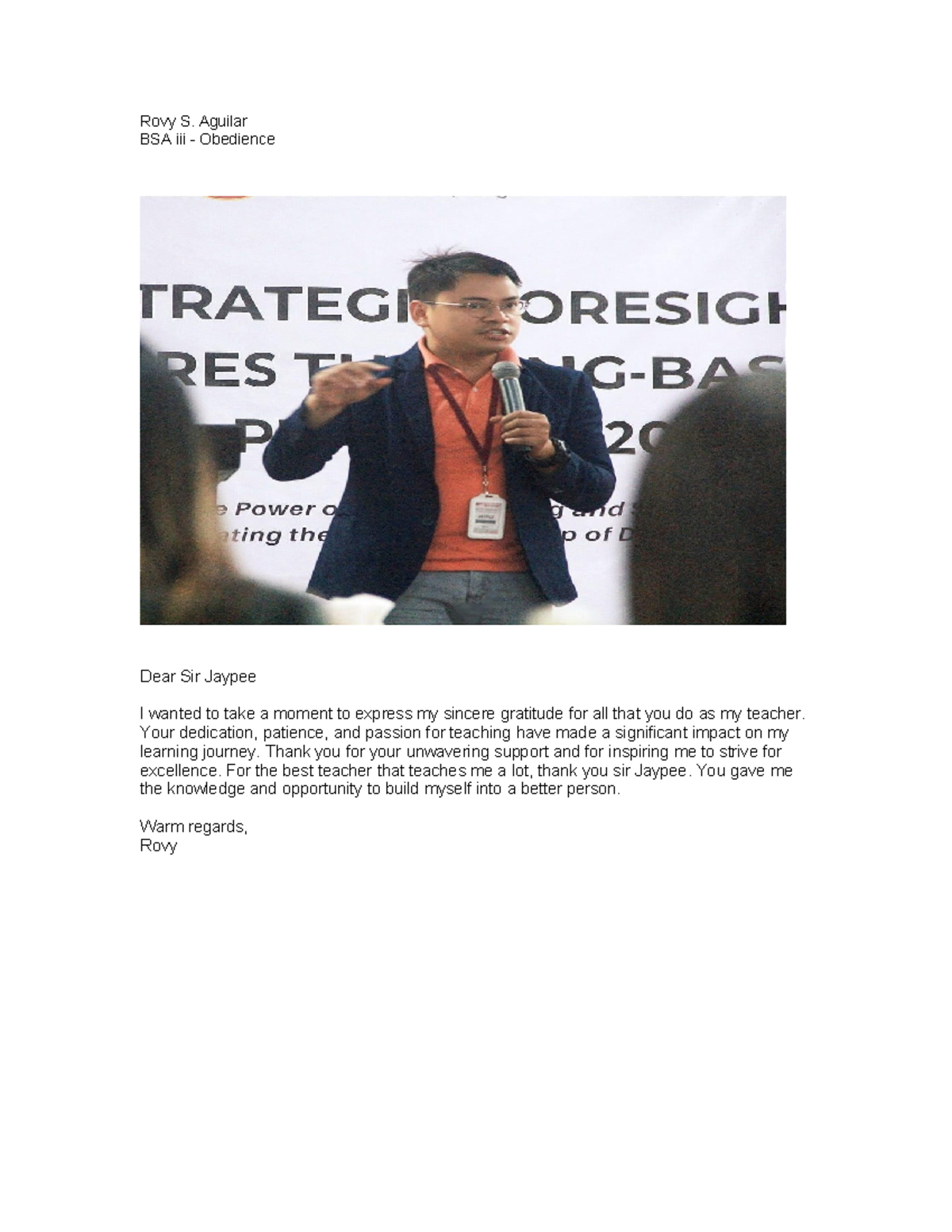 Theology - Rovy S. Aguilar BSA iii - Obedience Dear Sir Jaypee I wanted to take a moment to ...