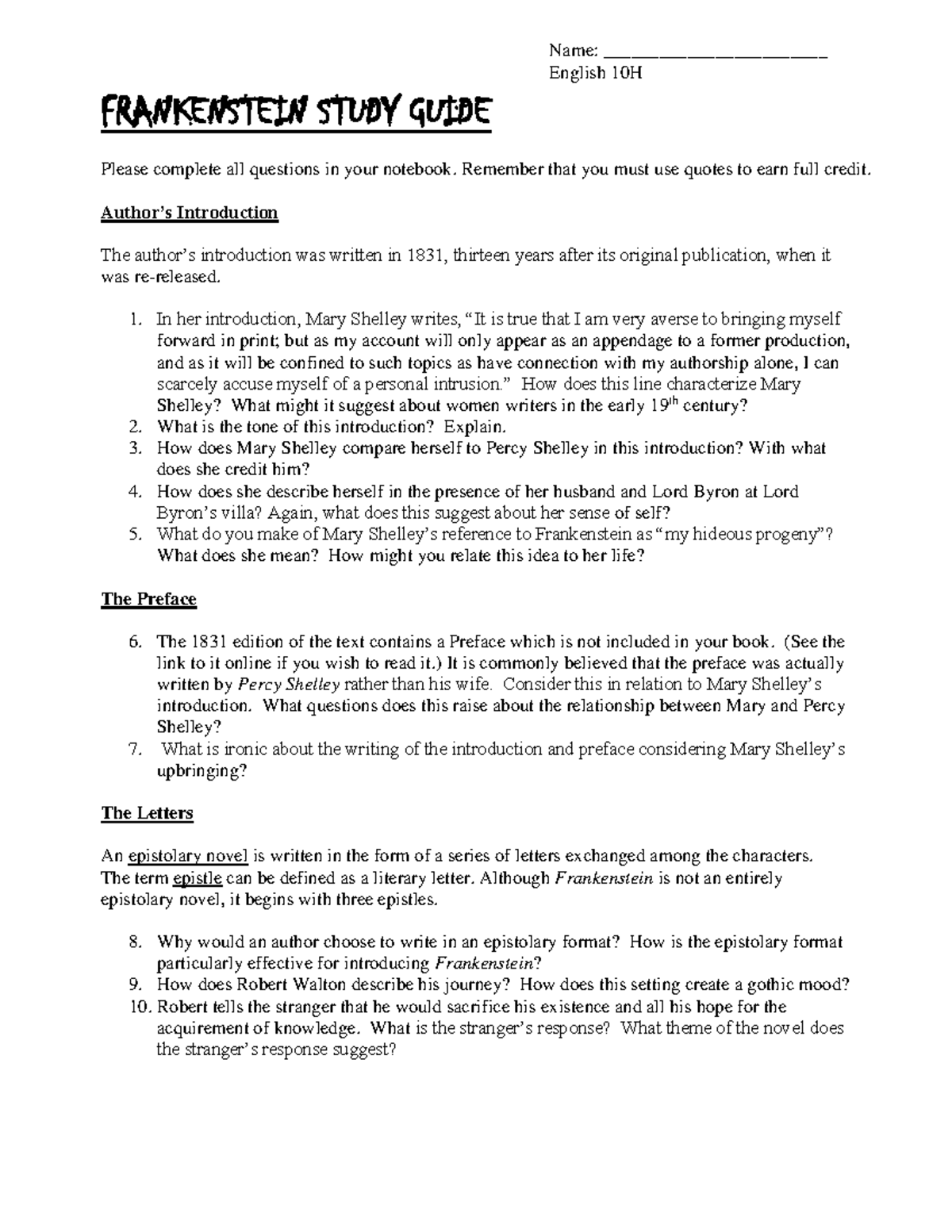 Frankenstein Study Guide - FRANKENSTEIN STUDY GUIDE Please complete all ...