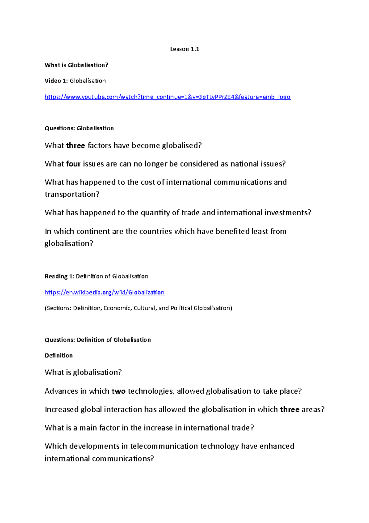1 What is Globalisation Document Answers - BSNursing - Studocu