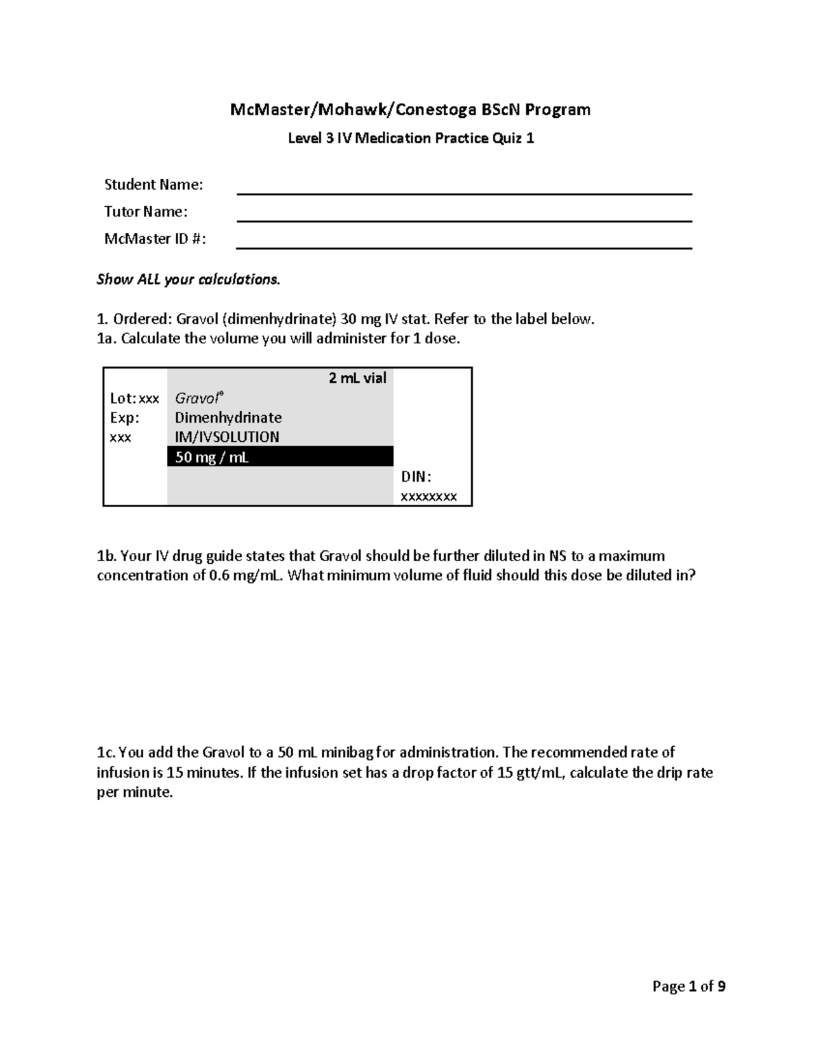 IV Medication Practice Quiz 1 F20231 - McMaster/Mohawk/Conestoga BScN ...