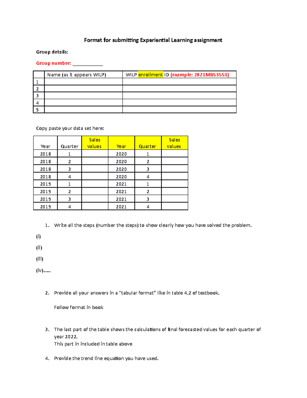 EL format for submission - Format for submitting Experiential Learning ...
