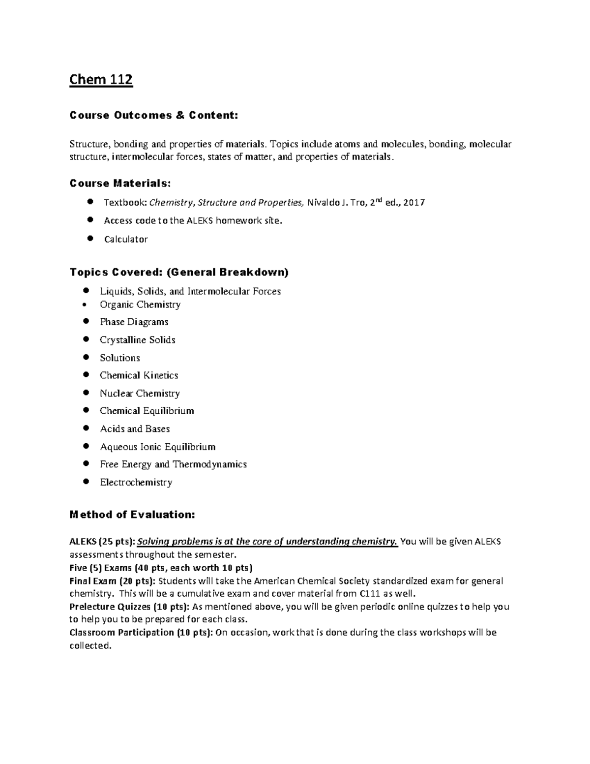 Chem 112 Course Outline- basics of chemistry - Chem 112 Course Outcomes ...