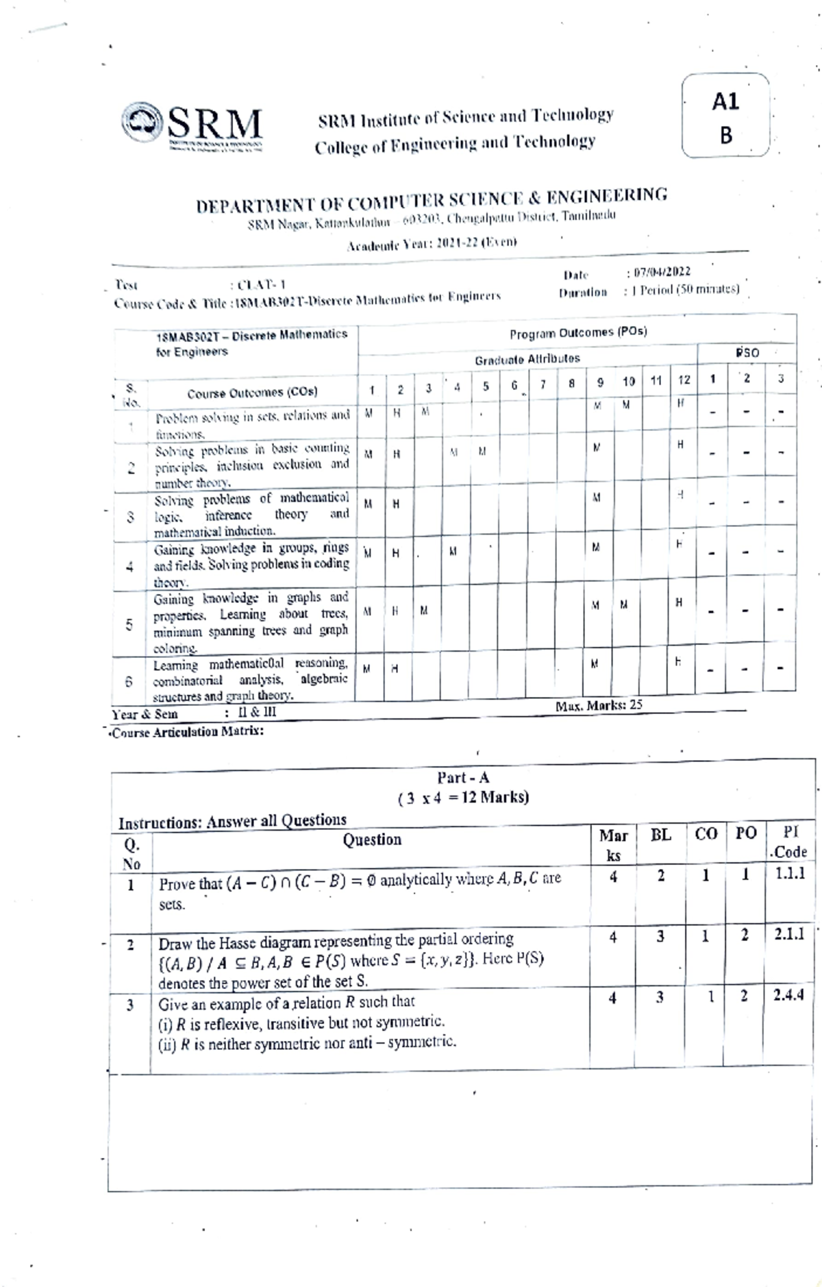 Ct 1 Unit 1 Ct A Srm Srm Institute Of Seienee And Technology B College Of Engineering And
