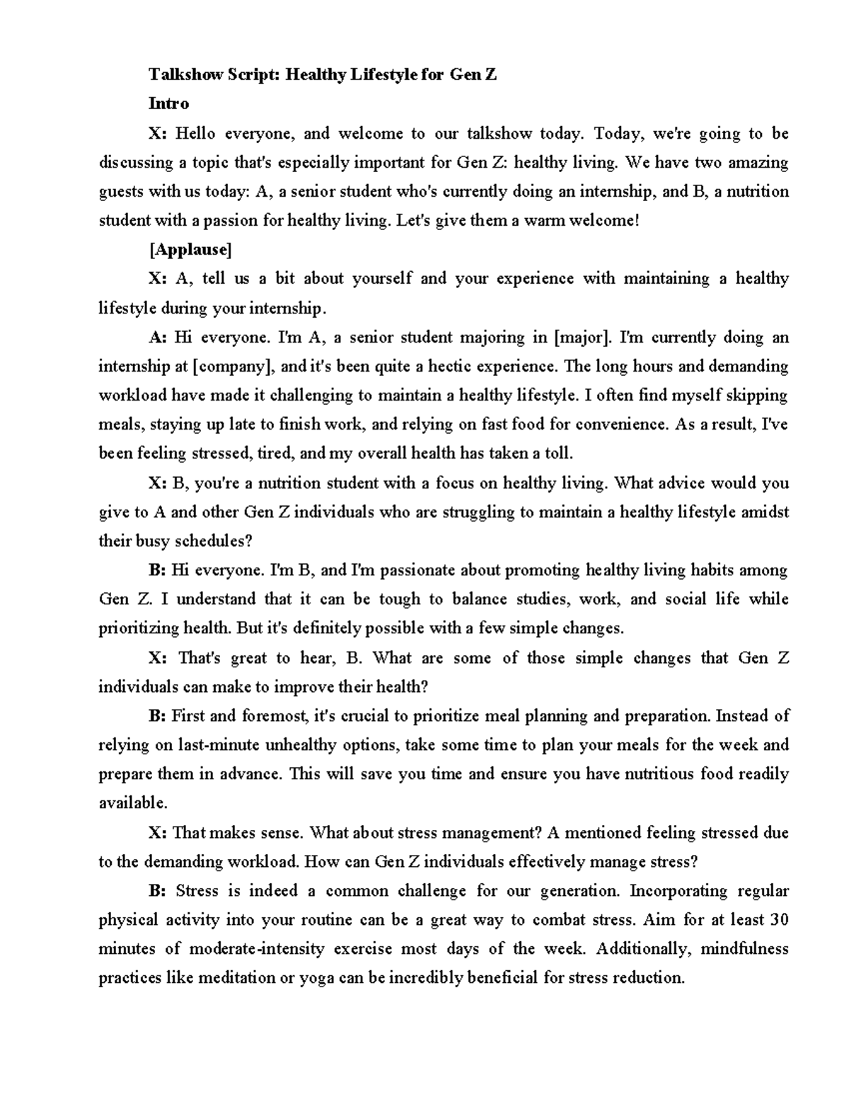 Script healthy lifestyle - Talkshow Script: Healthy Lifestyle for Gen Z ...