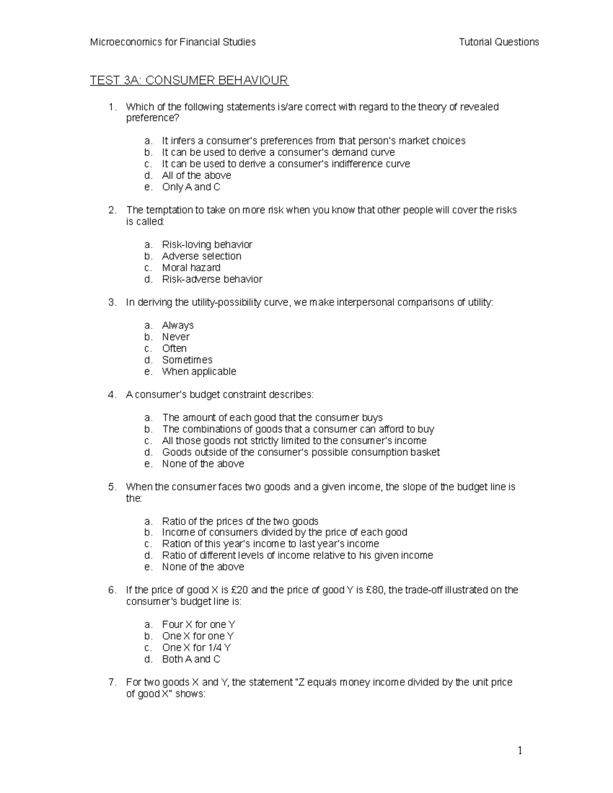 BSA020 Tutorial Qs Test 3A - Microeconomics for Financial Studies ...