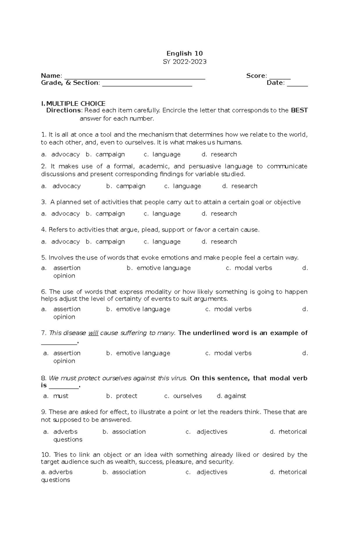 ENG10 Reviewers - Practice Materials - English 10 SY 2022- Name: - Studocu