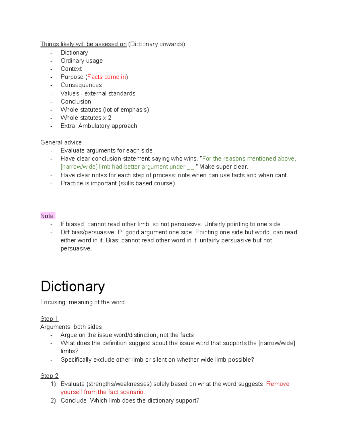 LAWS123 Final Exam Prep 2022 - Things likely will be assesed on (Dictionary onwards ...