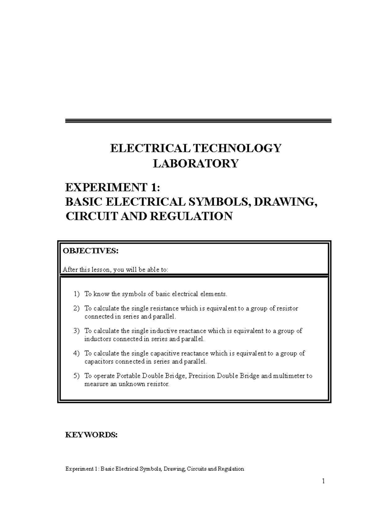 Lab Report Electrical - ELECTRICAL TECHNOLOGY LABORATORY EXPERIMENT 1 ...