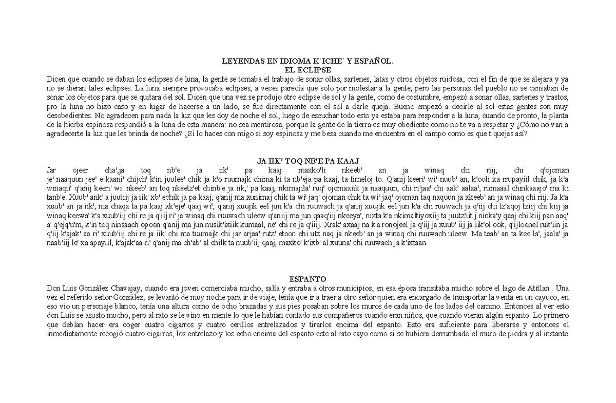 Leyendas en kiche y español - LEYENDAS EN IDIOMA K ́ICHE ́ Y ESPAÑOL ...