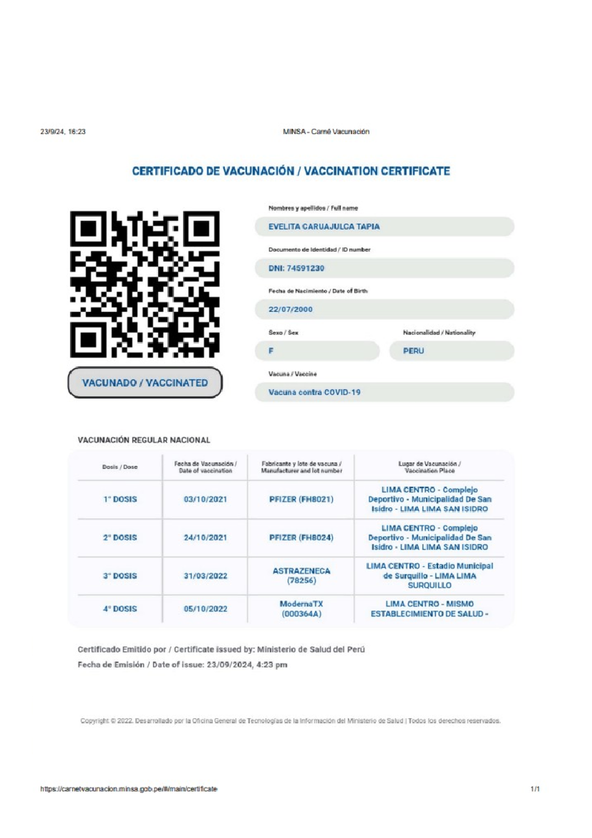 Vacunación - sadasd - 16:23 MINSA Came Vacunación CERTIFICADO DE ...