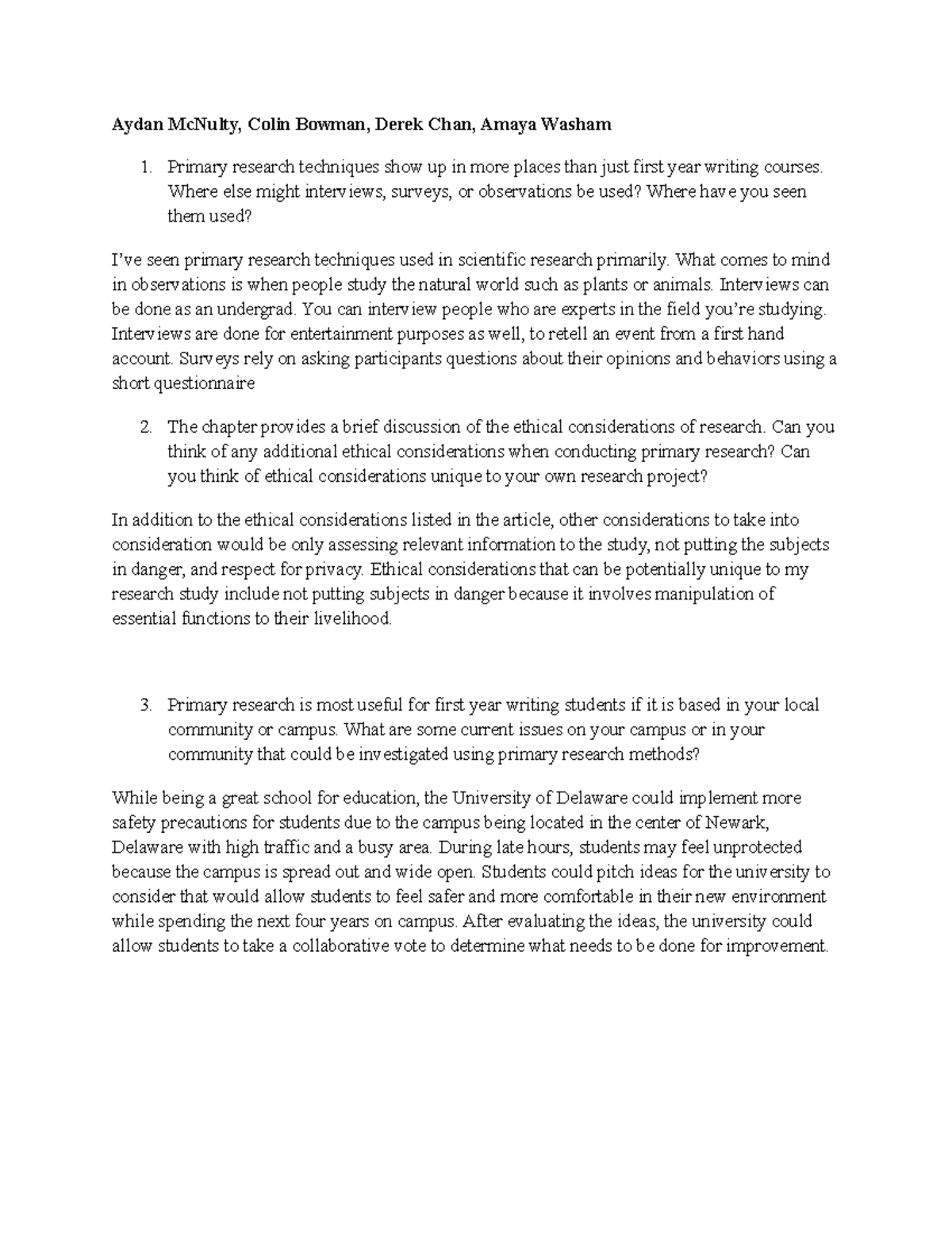 ENGL110 Primary Research Questions Derek, Colin,Aydan Mc Nulty, Amaya ...