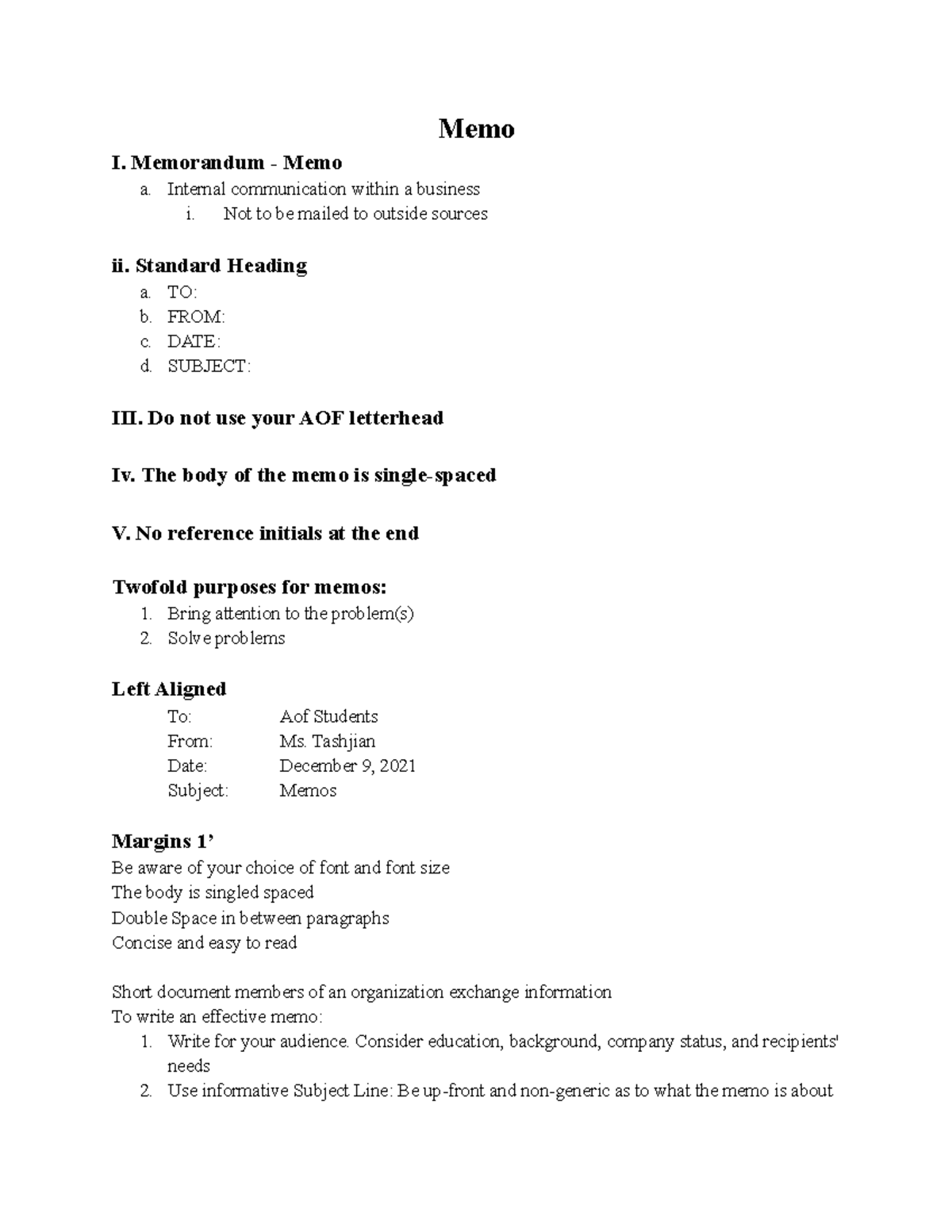 Memo - Memo notes - Memo I. Memorandum - Memo a. Internal communication ...