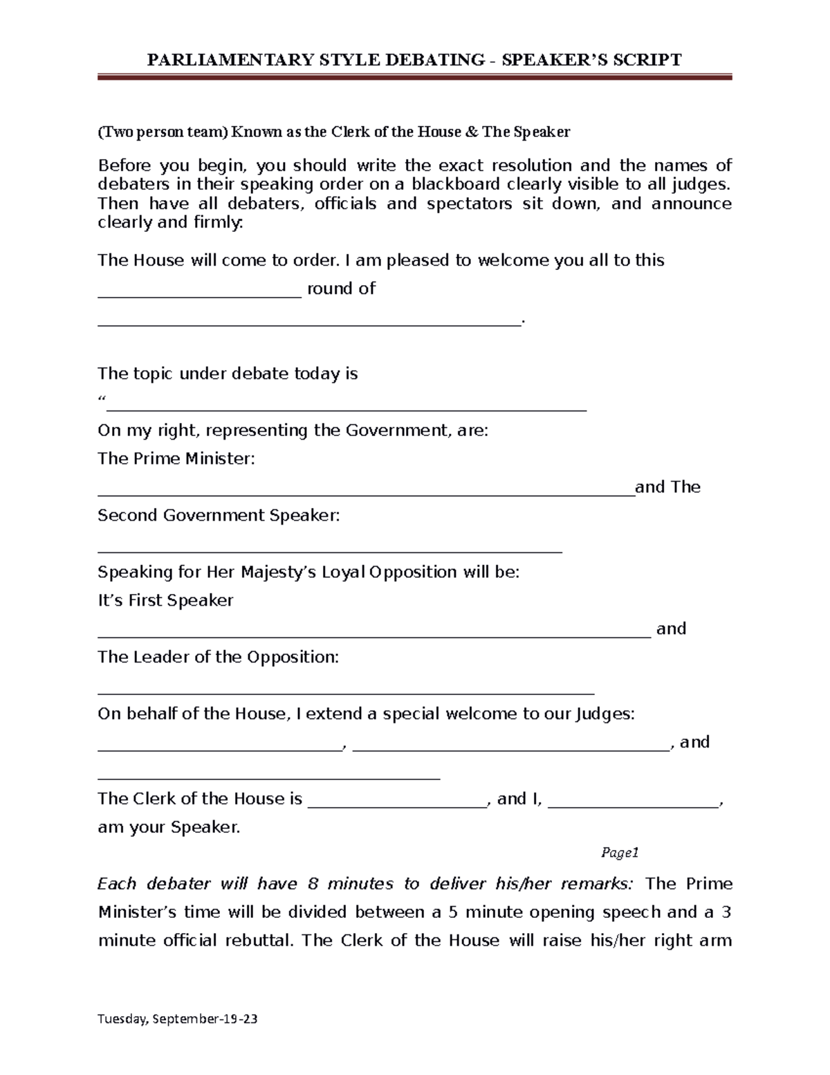 Parliamentary Speaker's Script - Moderator - PARLIAMENTARY STYLE ...