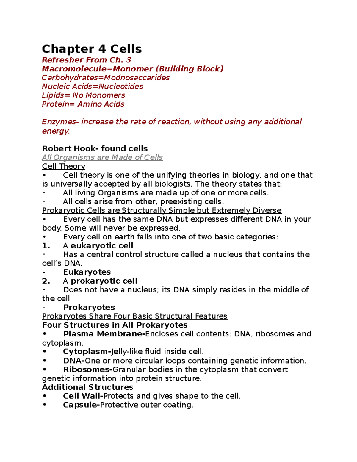 Chapter 4 Cells - Biology 1101 in 101 classroom - Chapter 4 Cells Refresher From Ch. 3 - Studocu