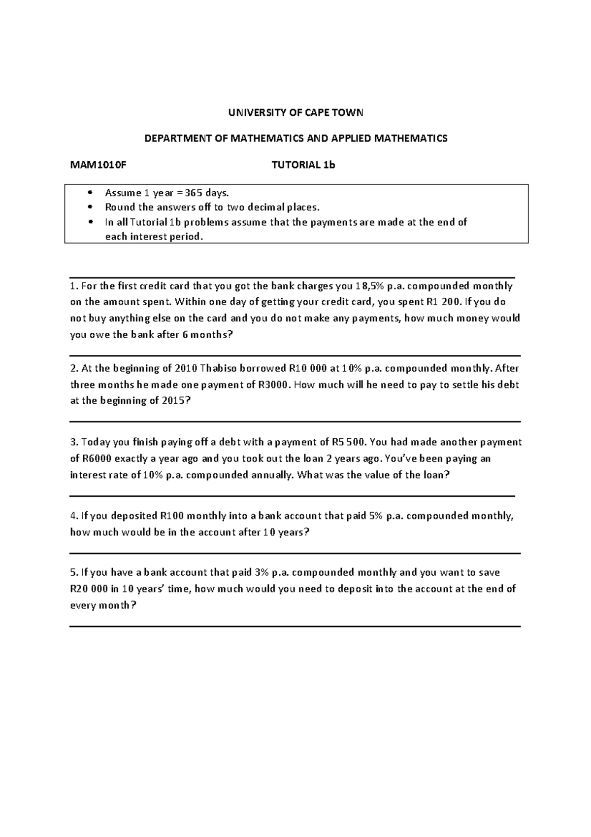 Tutorial 1b - UNIVERSITY OF CAPE TOWN DEPARTMENT OF MATHEMATICS AND ...