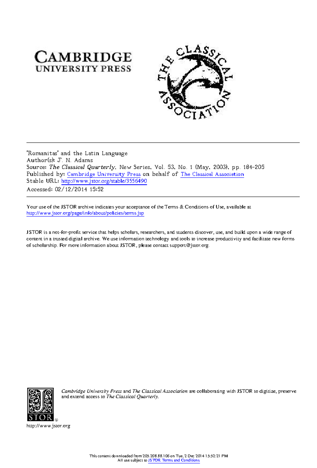 Romanitas Language - 'Romanitas' and the Latin Language Author(s): J. N ...