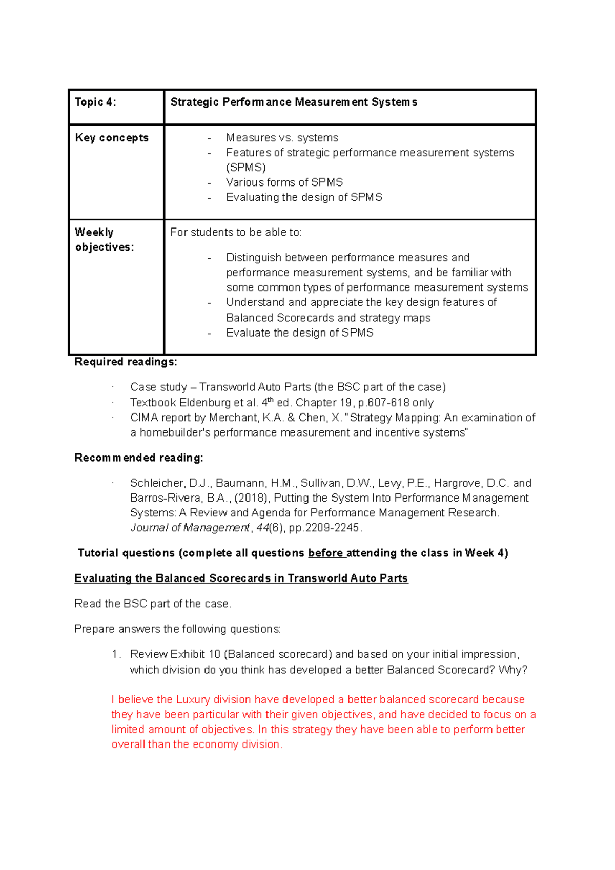 Tut 3 Q - tut 3 work - Topic 4: Strategic Performance Measurement Systems Key concepts ...