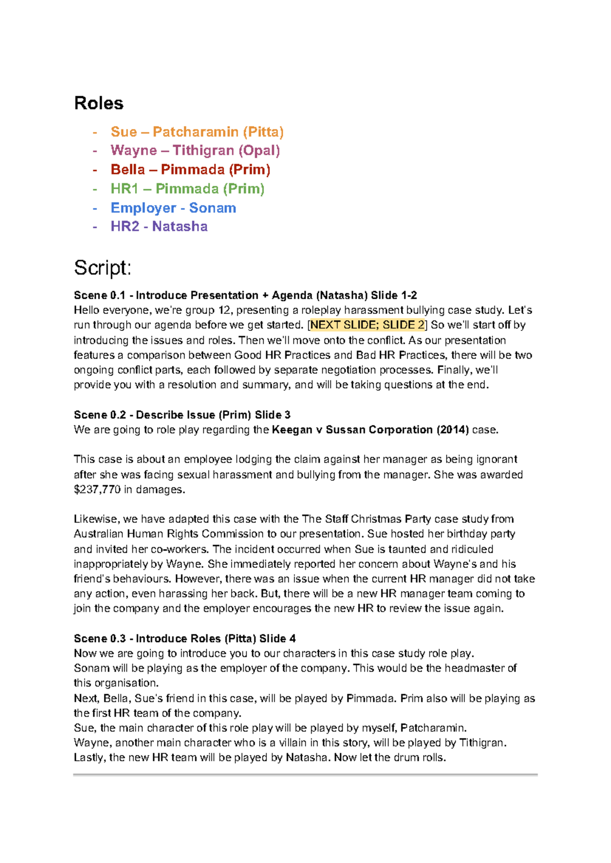 (Print-out) HRM2001 7 Role-Play Scripts - Roles - Sue – Patcharamin ...