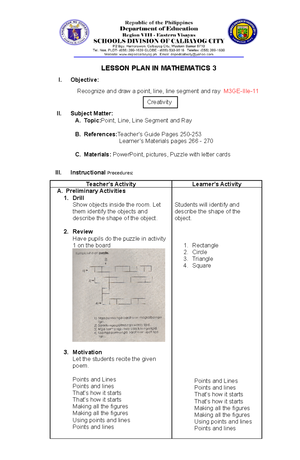 2nd Quarter Lesson PLAN IN Mathematics 3 - LESSON PLAN IN MATHEMATICS 3 ...