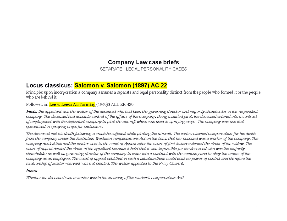 Company Law case briefs - Company Law case briefs SEPARATE LEGAL ...